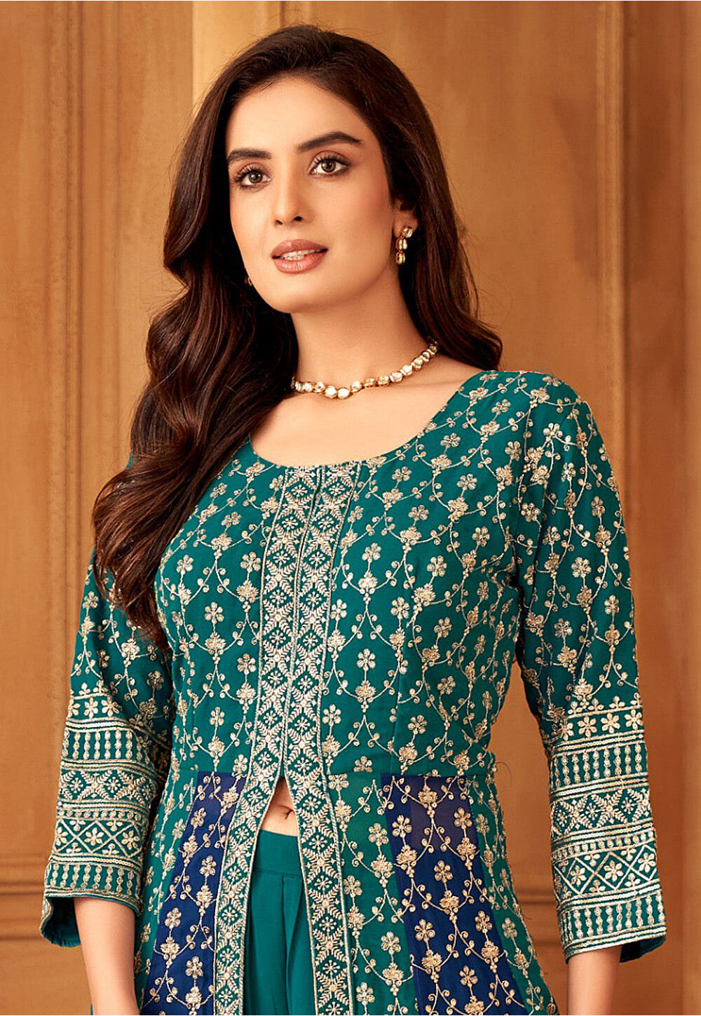 Buy Embroidered Georgette Front Slit Pakistani Suit in Teal Blue Online ...