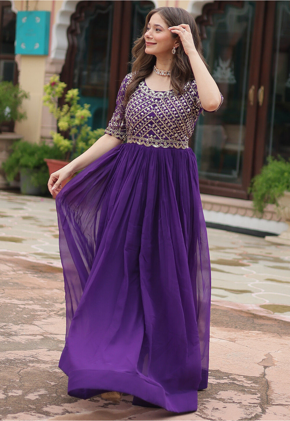 Buy Embroidered Georgette Gown in Purple Online : TPA3991 - Utsav Fashion