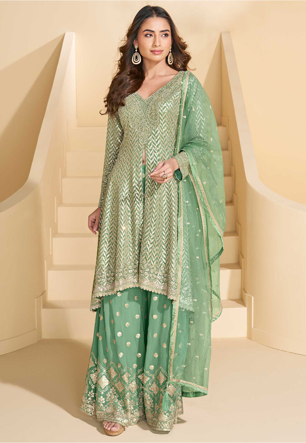 Buy Embroidered Georgette High Low Pakistani Suit in Light Green Online ...