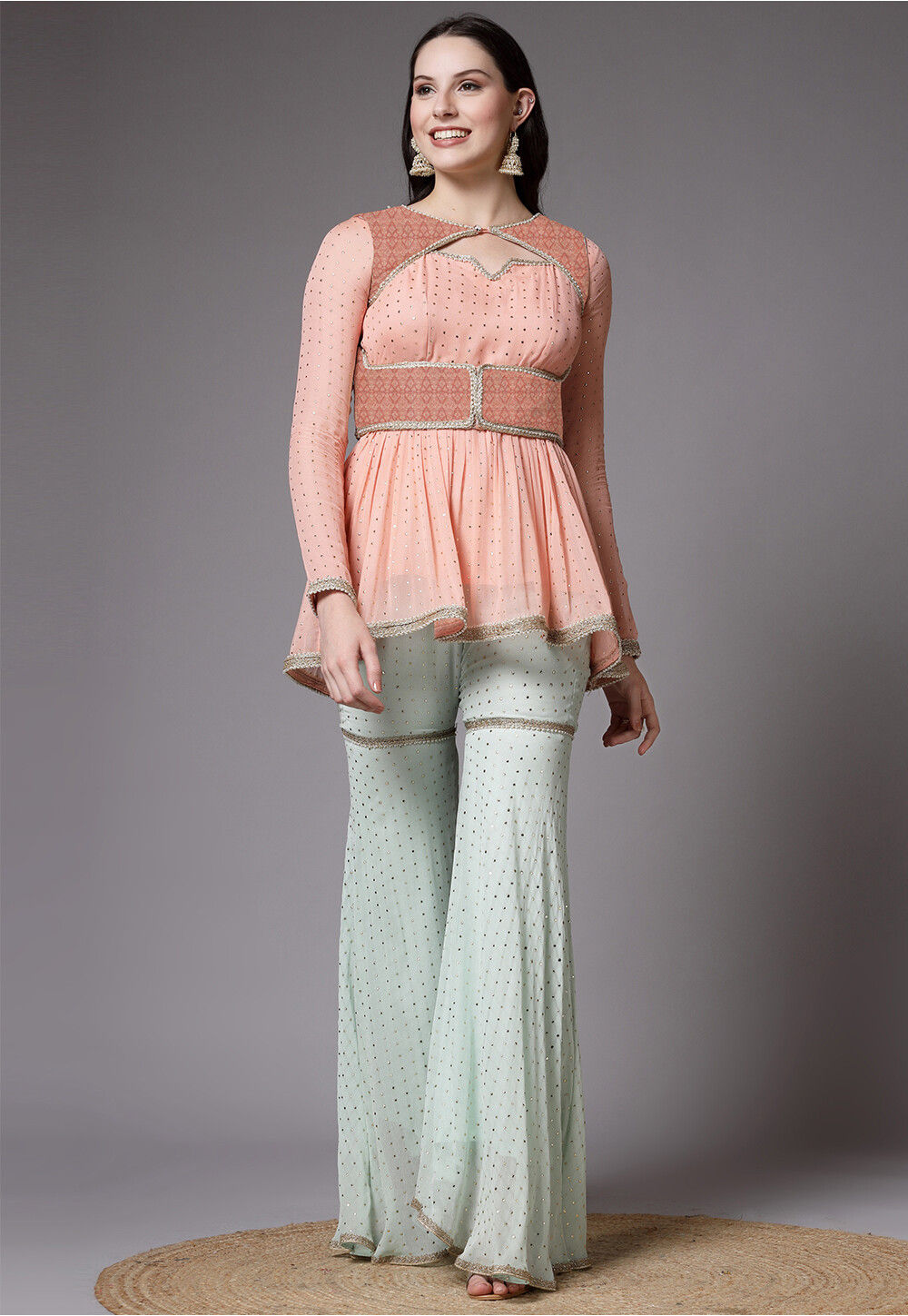 Buy Embroidered Georgette Jacket Style Pakistani Suit in Peach Online ...