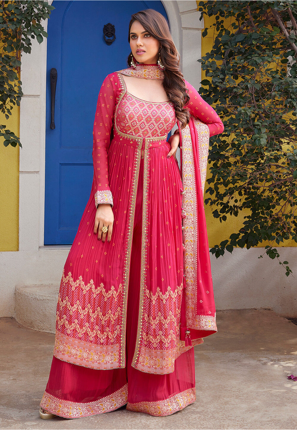 Buy Embroidered Georgette Jacquard Front Slit Pakistani Suit in Pink ...