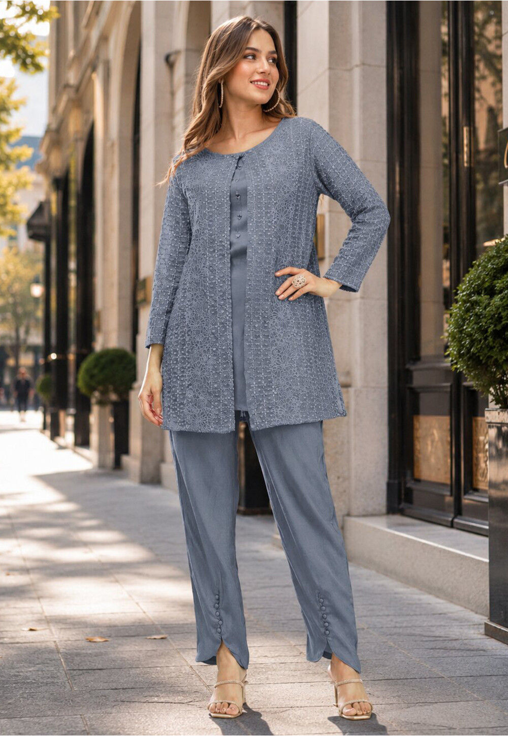 Buy Embroidered Georgette Layered Tunic Set in Grey Online : TEC850 ...