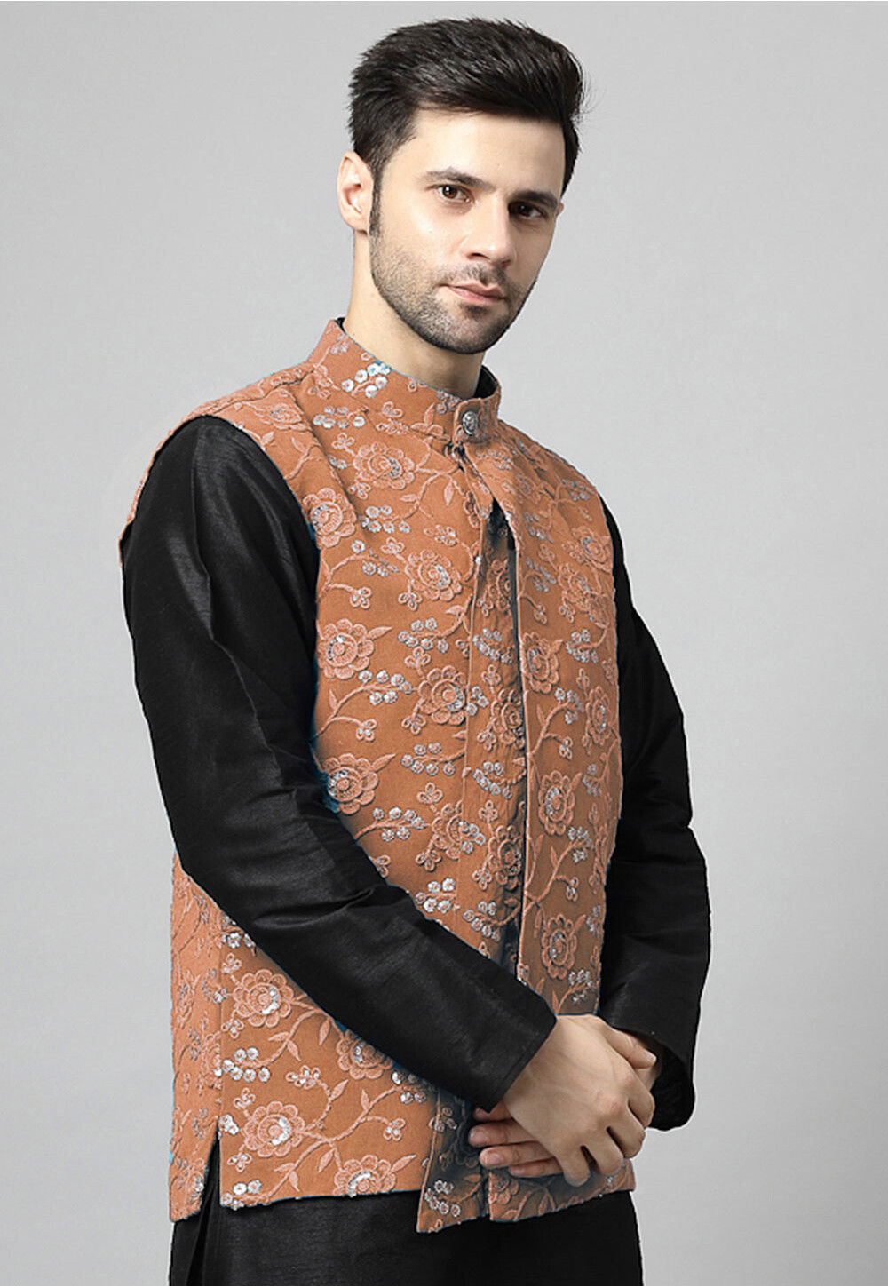 Buy Embroidered Georgette Nehru Jacket in Brown Online : MXX1467 ...