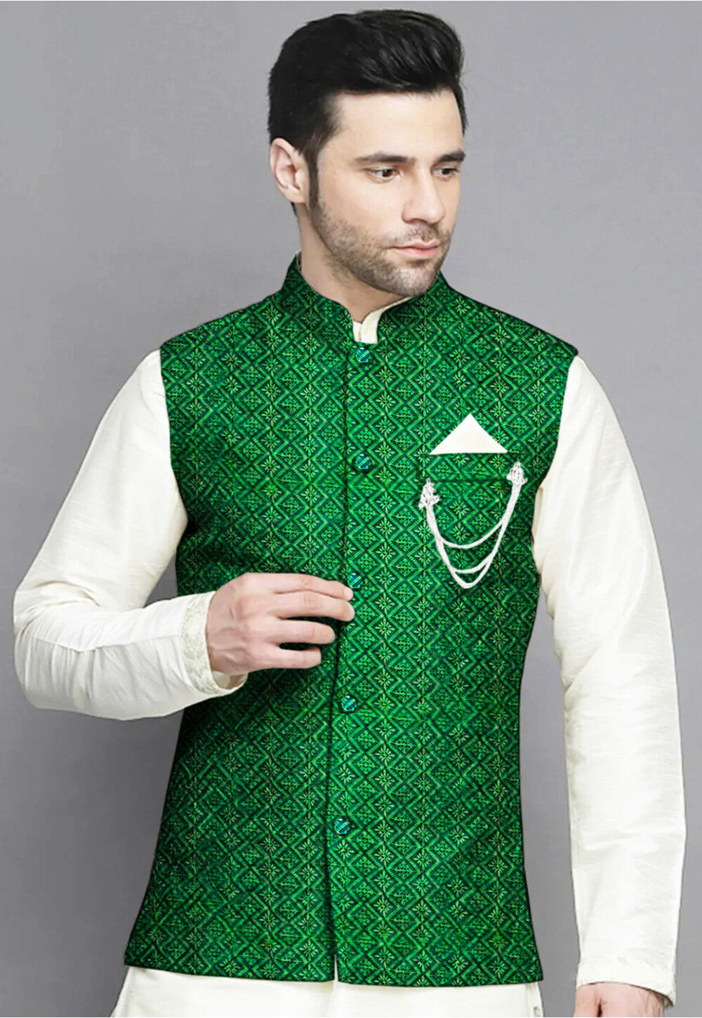 Buy Embroidered Georgette Nehru Jacket in Green Online : MXX904 - Utsav ...
