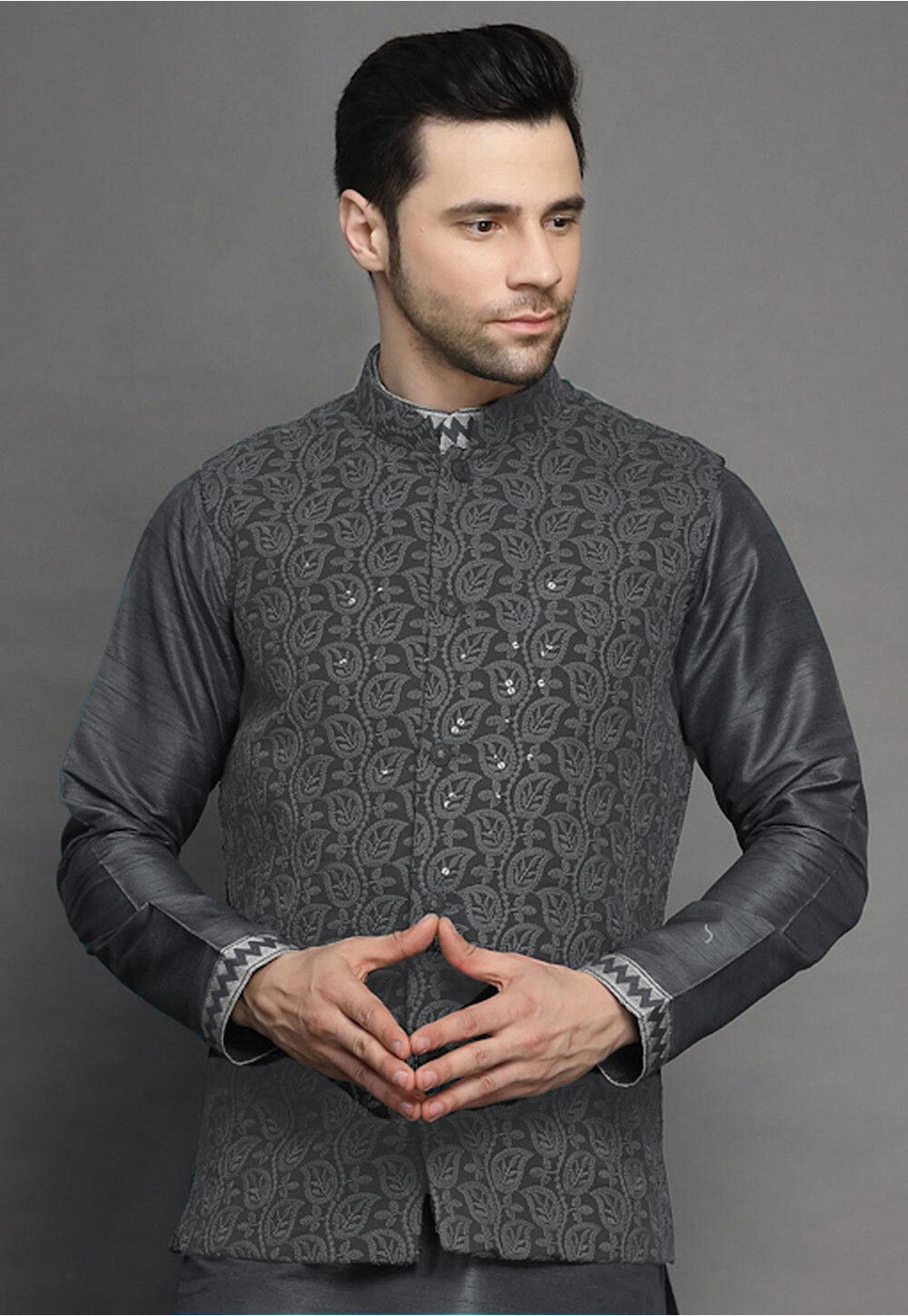 Buy Embroidered Georgette Nehru Jacket in Grey Online : MXX885 - Utsav ...