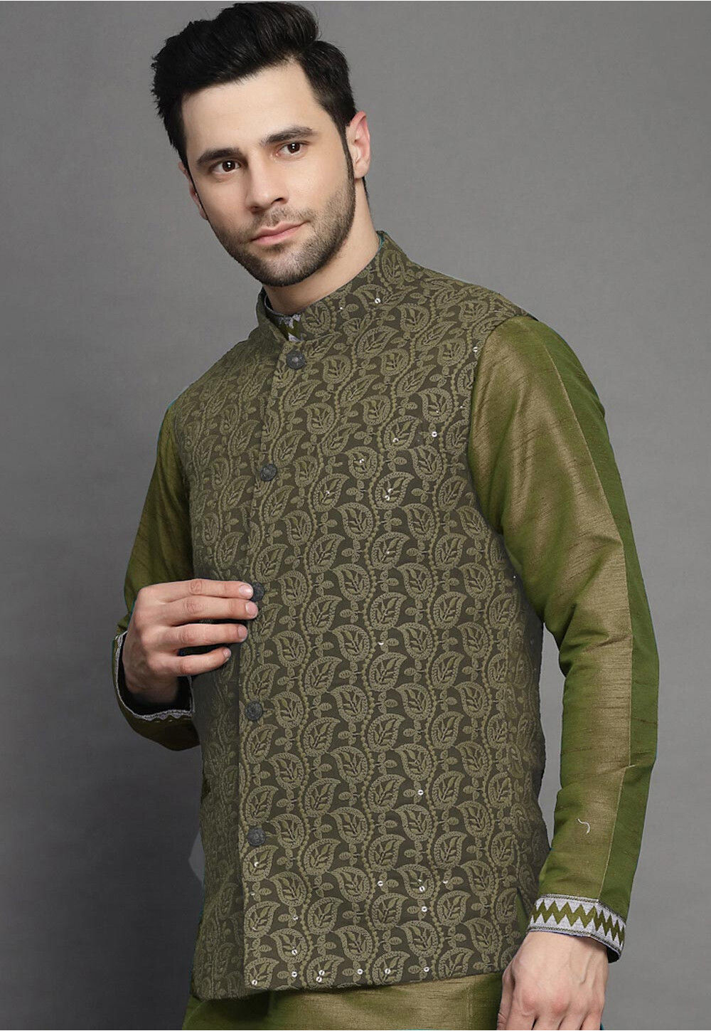 Buy Embroidered Georgette Nehru Jacket in Olive Green Online : MXX886 ...