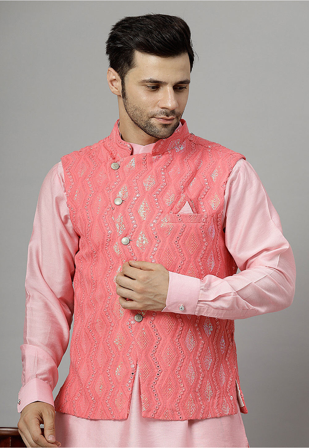 Buy Embroidered Georgette Nehru Jacket in Pink Online : MXX1019 - Utsav ...