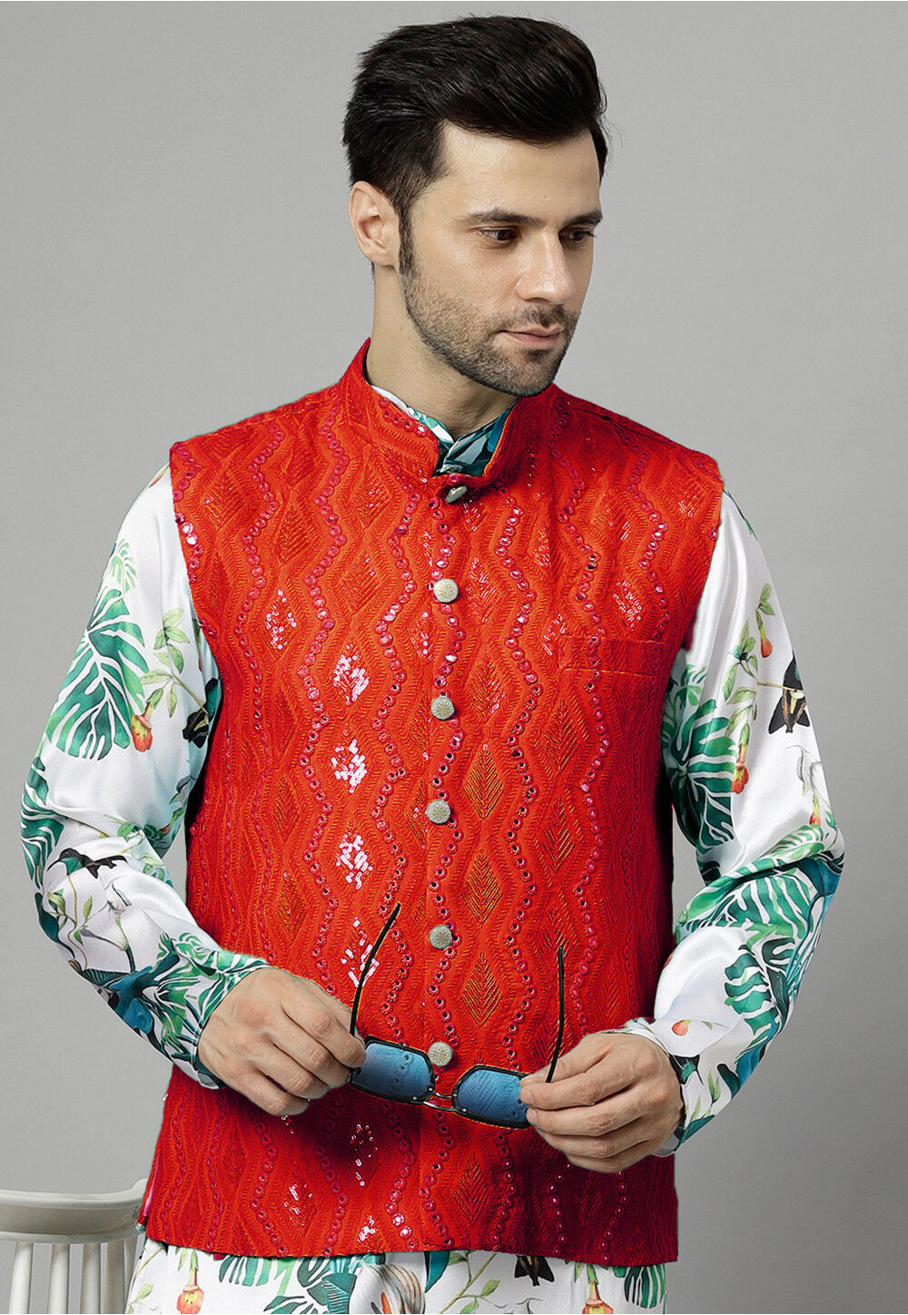 Buy Embroidered Georgette Nehru Jacket in Red Online : MXX1292 - Utsav ...
