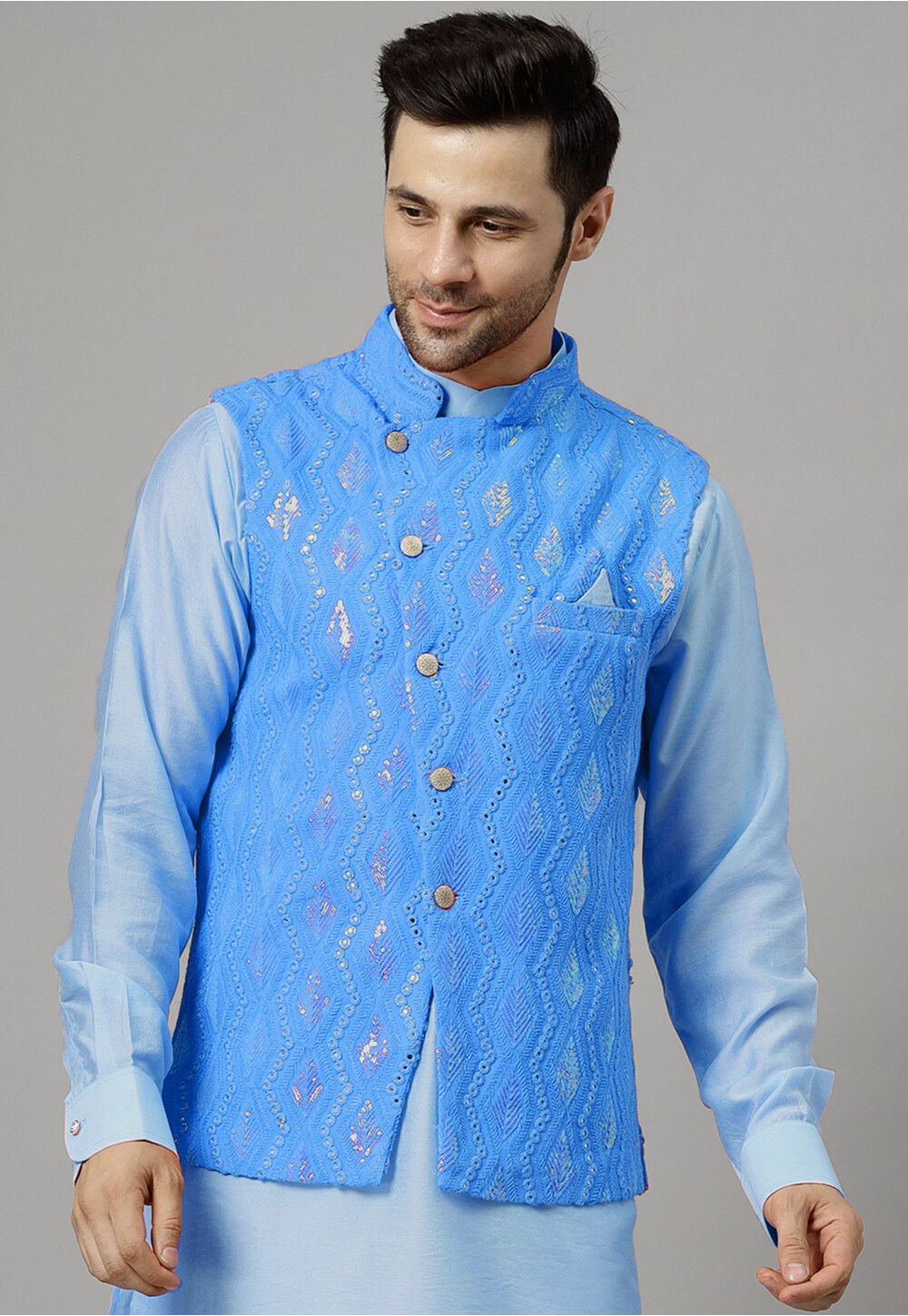 Buy Embroidered Georgette Nehru Jacket in Sky Blue Online : MXX1283 ...