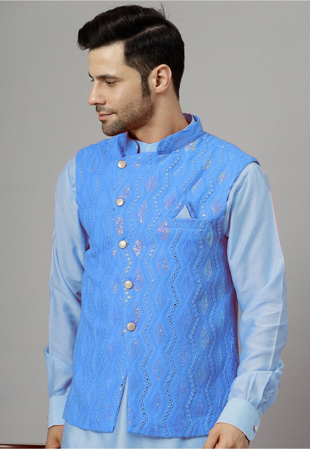Buy Embroidered Georgette Nehru Jacket in Sky Blue Online : MXX1283 ...