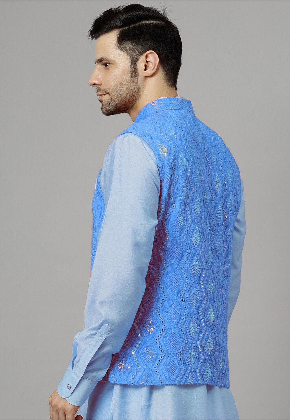 Buy Embroidered Georgette Nehru Jacket in Sky Blue Online : MXX1283 ...