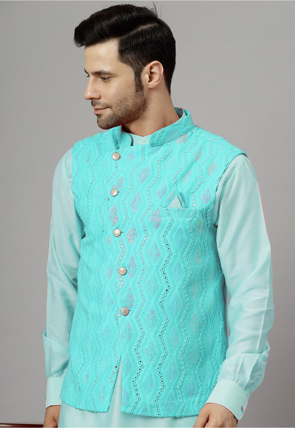 Buy Embroidered Georgette Nehru Jacket in Sky Blue Online : MXX1286 ...