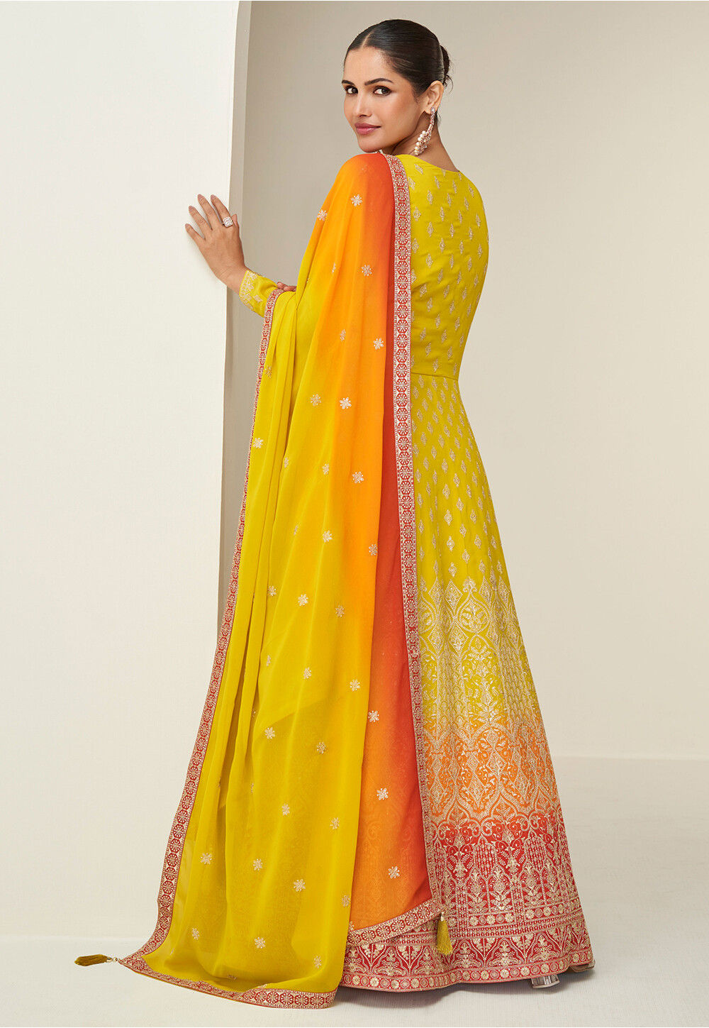 Buy Embroidered Georgette Ombre Abaya Style Suit in Yellow Online ...