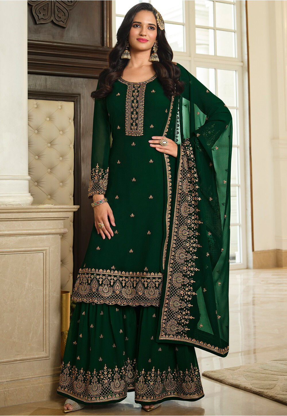 Buy Embroidered Georgette Pakistani Suit in Dark Green Online ...