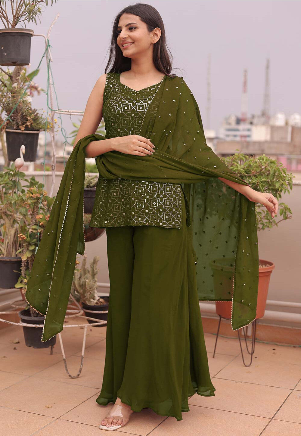 Buy Embroidered Georgette Pakistani Suit in Dark Olive Green Online ...