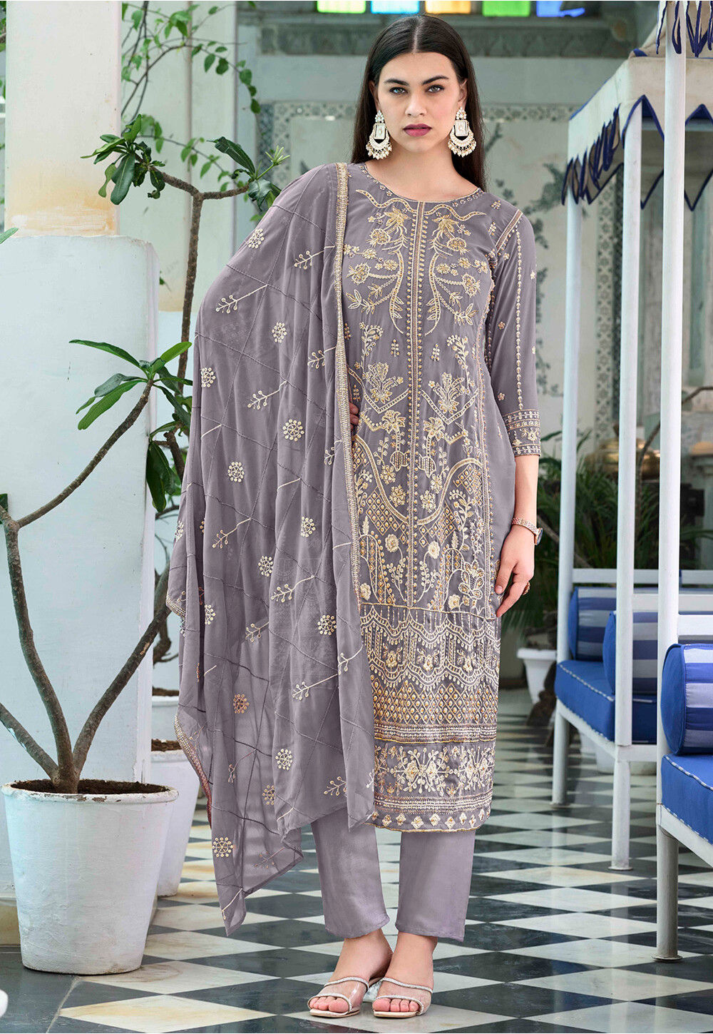 Buy Embroidered Georgette Pakistani Suit in Grey Online : KBNQ5639 ...