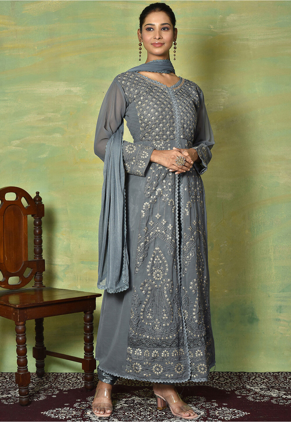 Buy Embroidered Georgette Pakistani Suit in Grey Online : KUF15776 ...