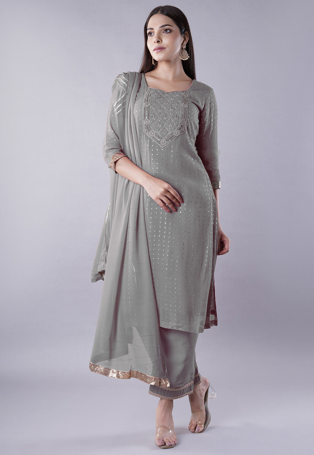 Buy Embroidered Georgette Pakistani Suit in Grey Online : KUR0233 ...