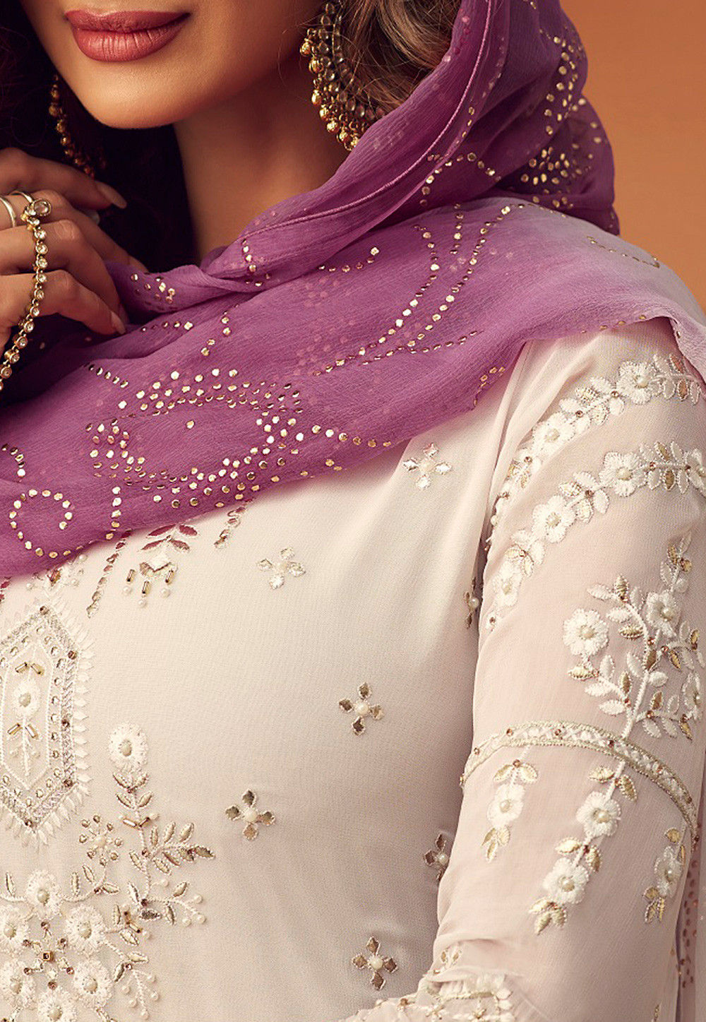 Embroidered Georgette Pakistani Suit in Off White : KCH4876