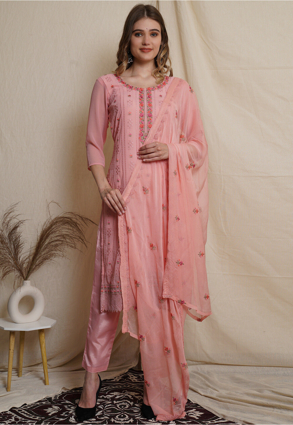 Buy Embroidered Georgette Pakistani Suit in Pink Online : KPV958 ...