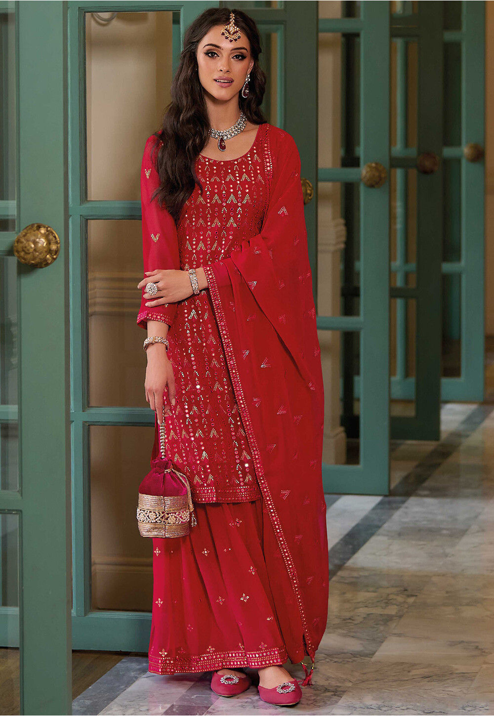 Buy Embroidered Georgette Pakistani Suit in Red Online : KCH11974 ...