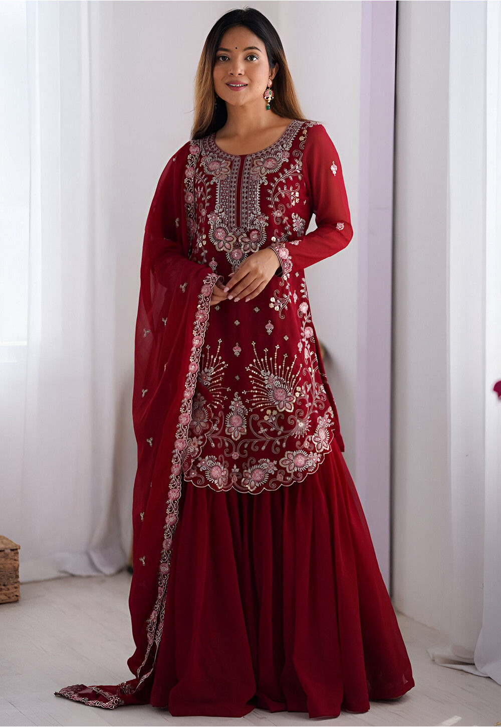 Buy Embroidered Georgette Pakistani Suit in Red Online : KJFB55 - Utsav ...