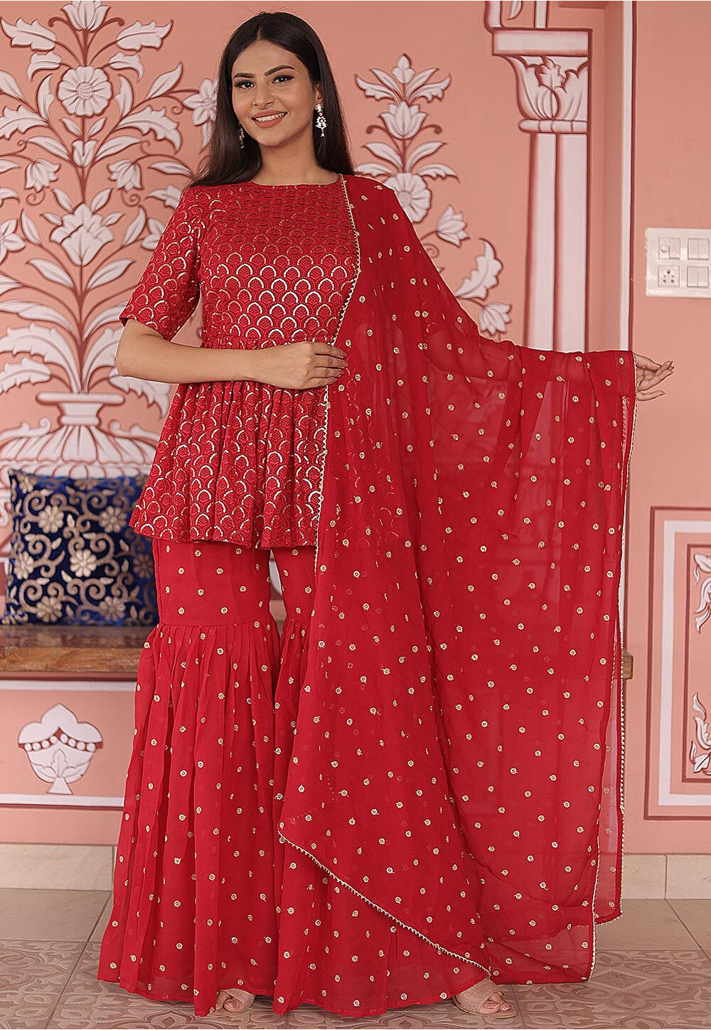 Buy Embroidered Georgette Pakistani Suit in Red Online : KJN4365 ...