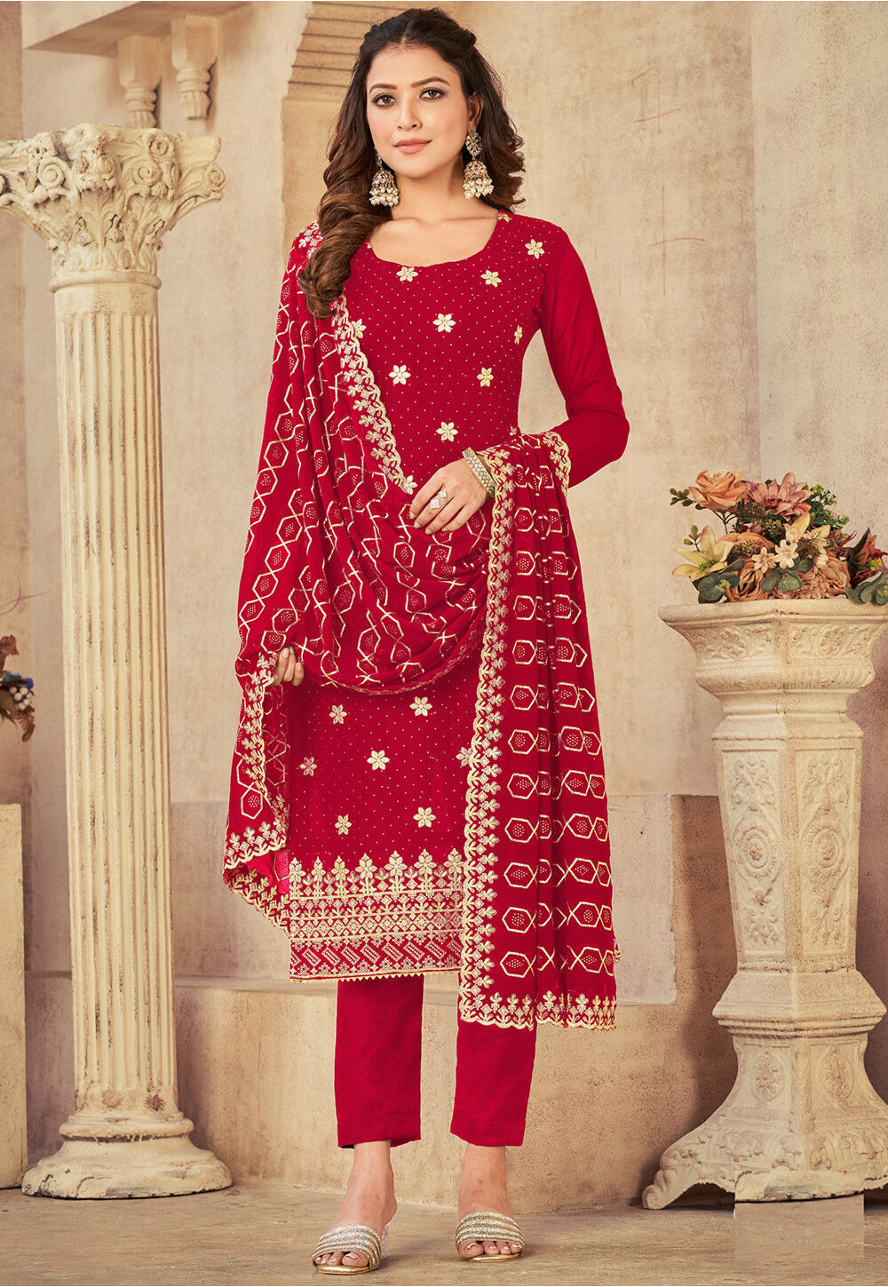 Buy Embroidered Georgette Pakistani Suit in Red Online : KRY1537 ...