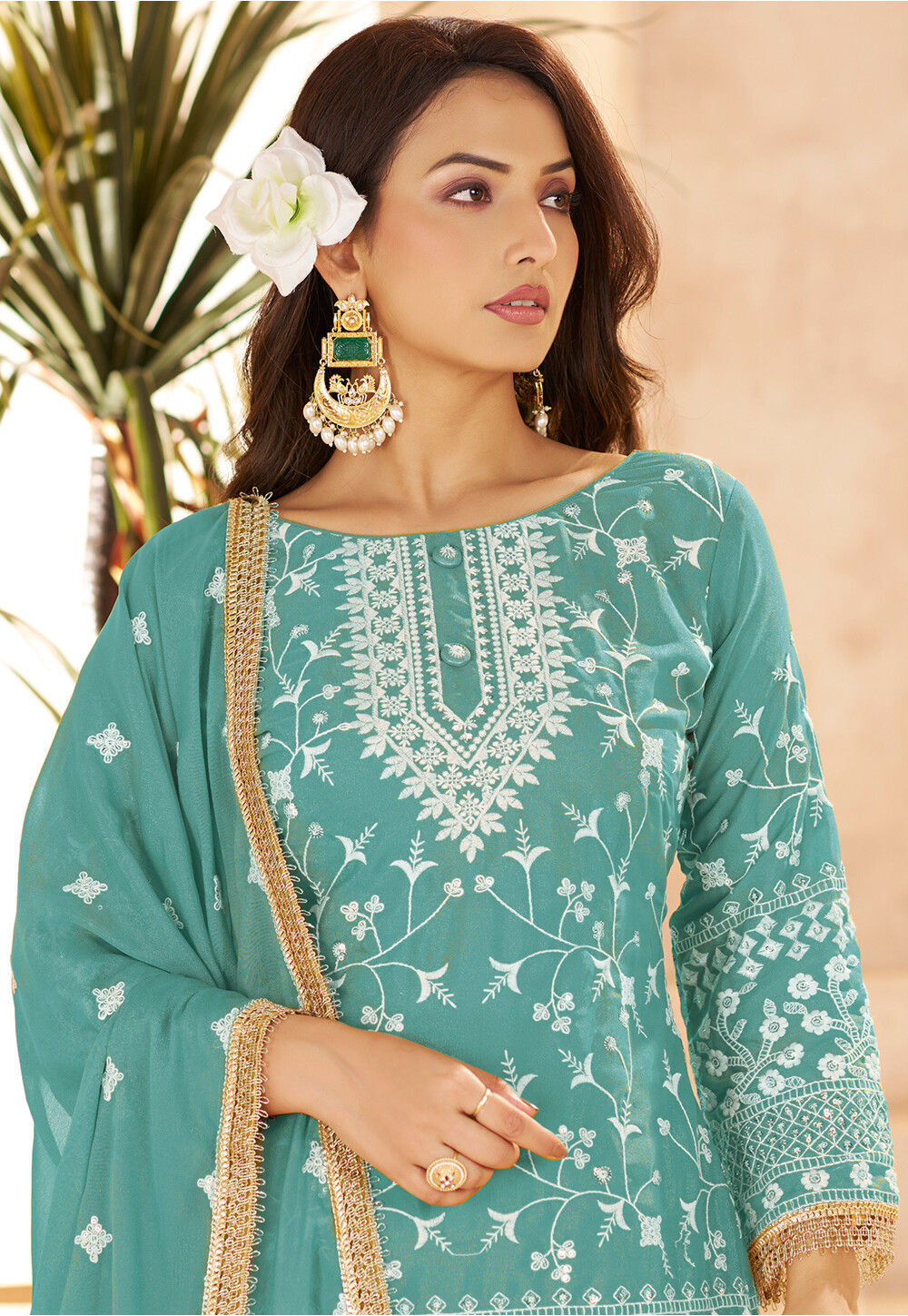 Buy Embroidered Georgette Pakistani Suit in Teal Blue Online : KHD212 ...