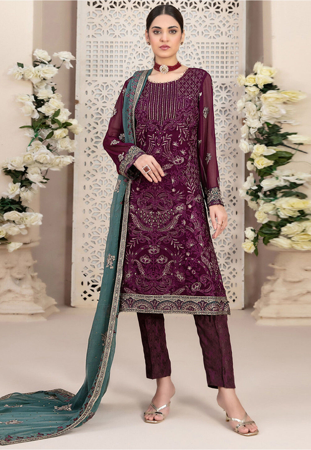 Buy Embroidered Georgette Pakistani Suit in Wine Online : KJC4795 ...