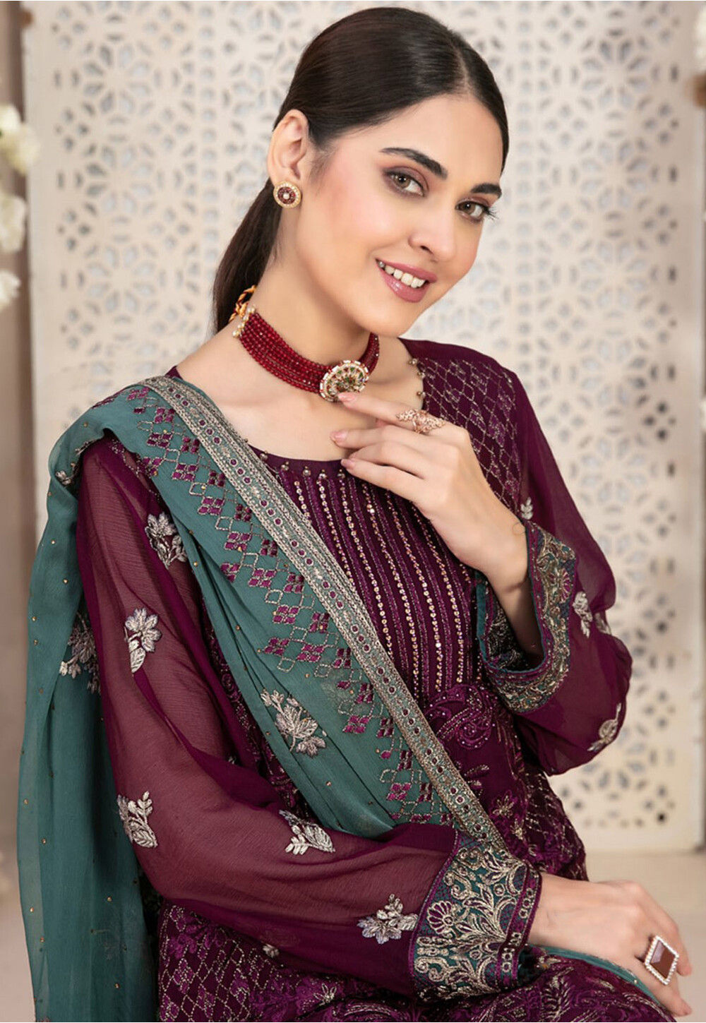 Buy Embroidered Georgette Pakistani Suit in Wine Online : KJC4795 ...