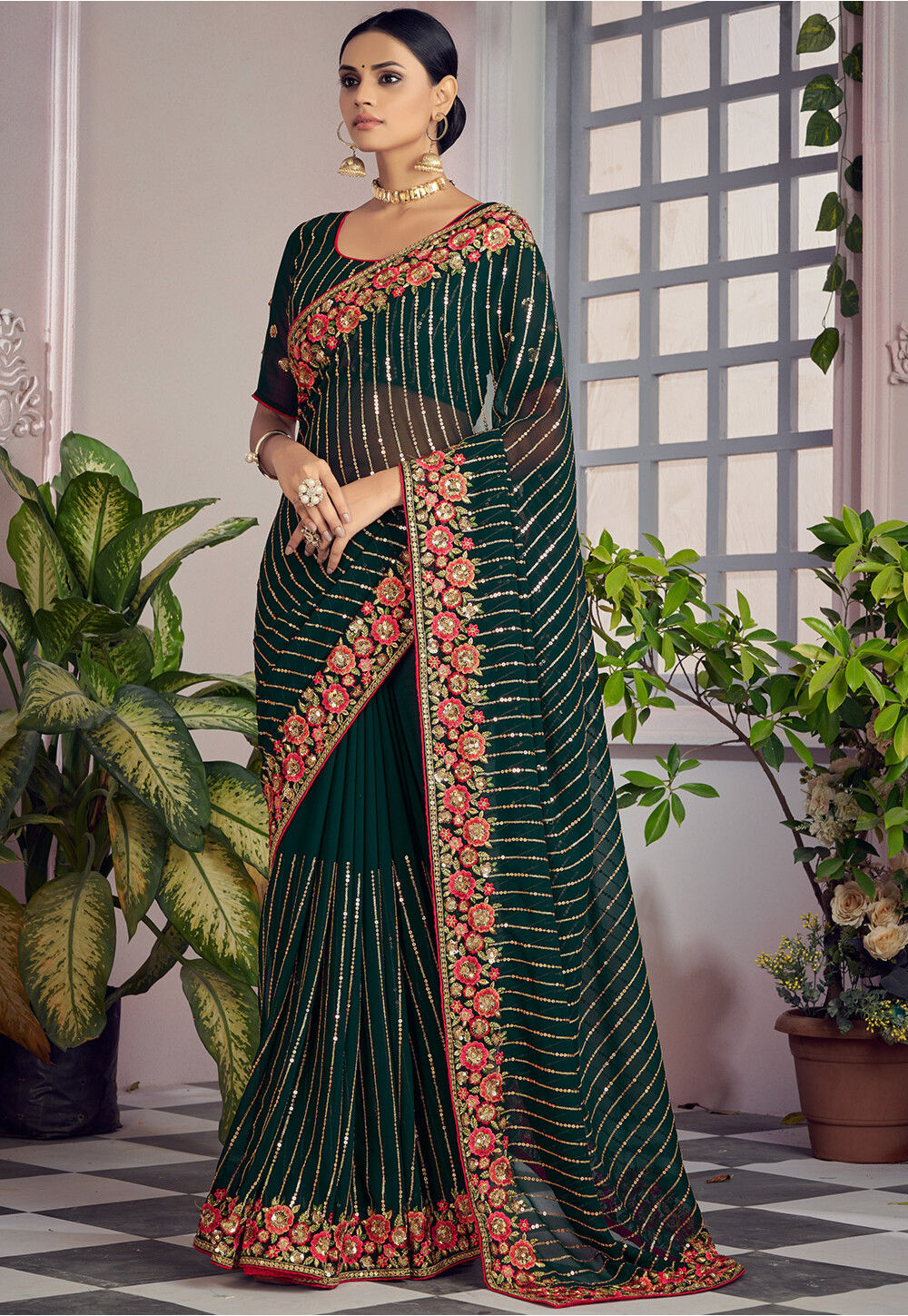 Buy Embroidered Georgette Saree in Dark Green Online : SKGA1183 - Utsav ...