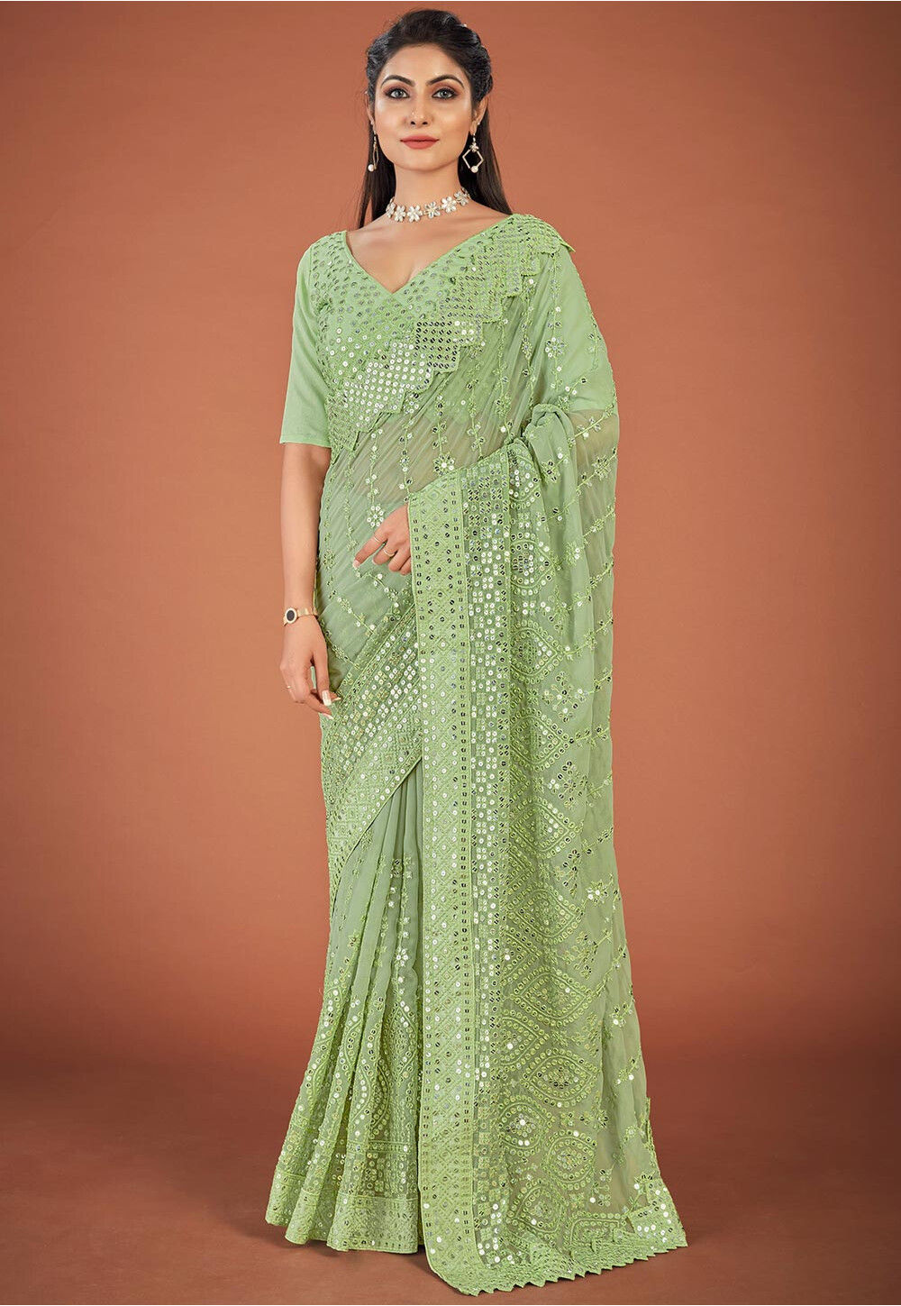 Buy Embroidered Georgette Saree in Light Green Online : SPF8384 - Utsav ...
