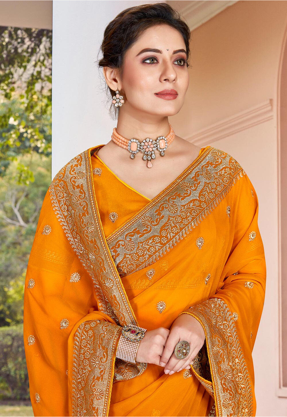 Buy Embroidered Georgette Saree in Mustard Online : SCBA4024 - Utsav ...