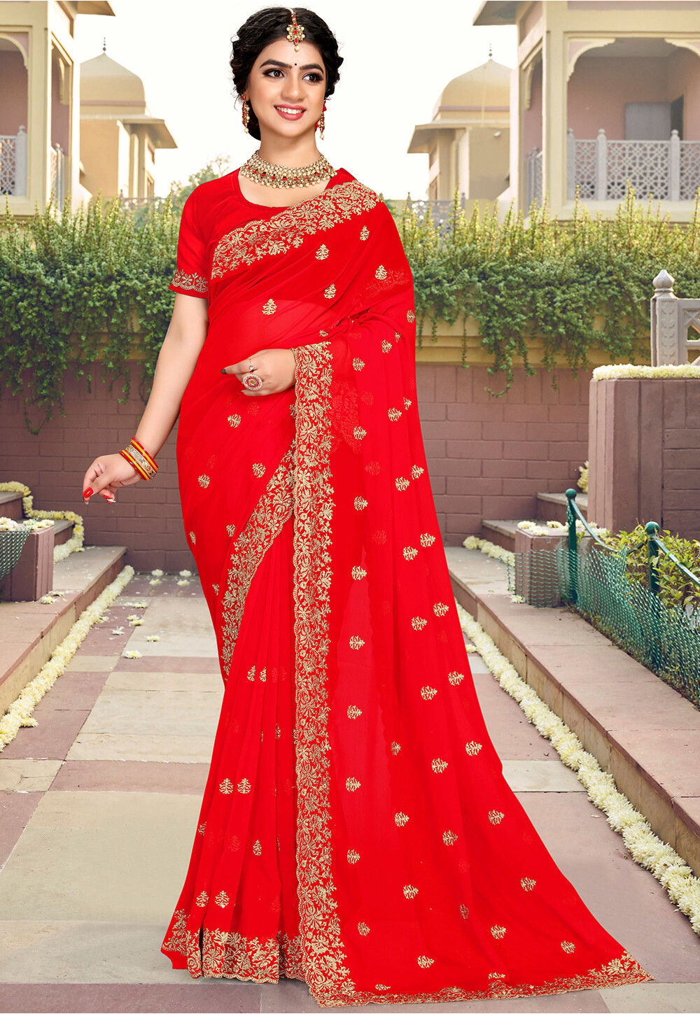 Buy Embroidered Georgette Saree in Red Online : SCBA4450 - Utsav Fashion