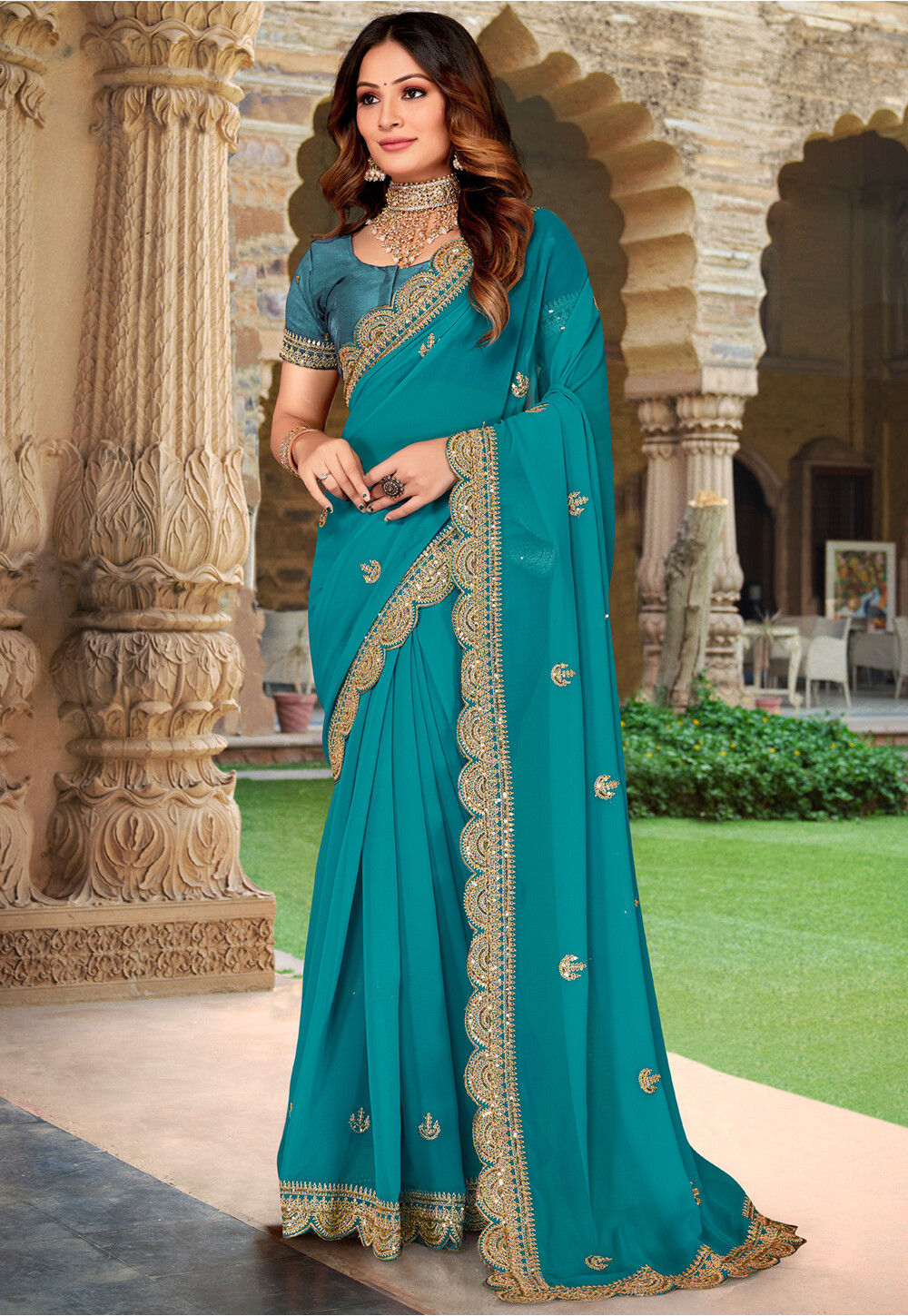 Buy Embroidered Georgette Saree in Turquoise Online : SCBA4674 - Utsav ...