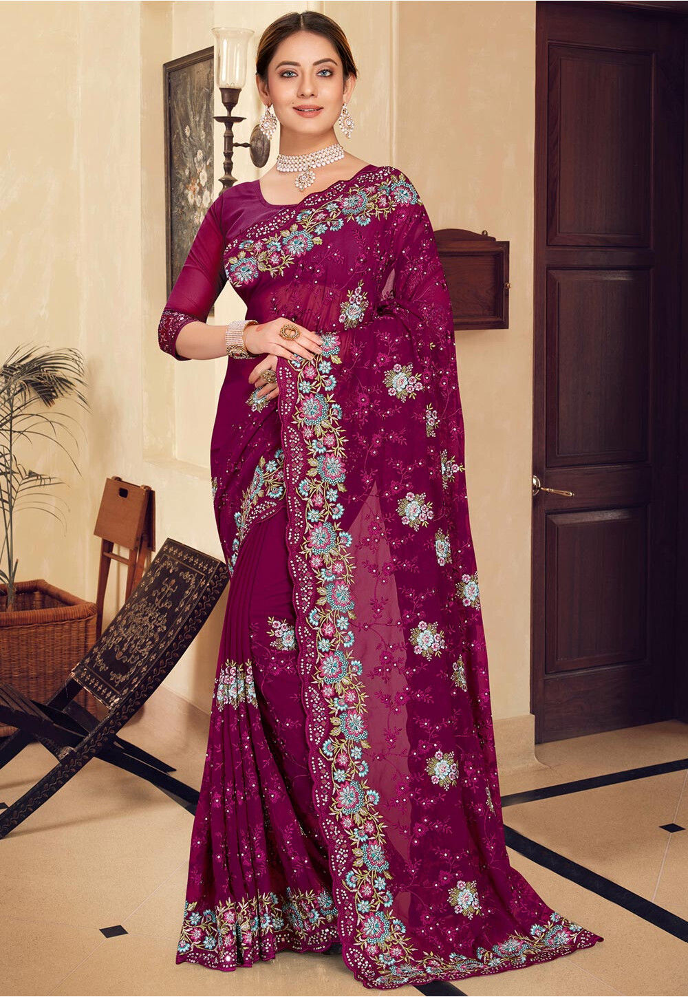 Buy Embroidered Georgette Saree in Wine Online : SCBA3951 - Utsav Fashion