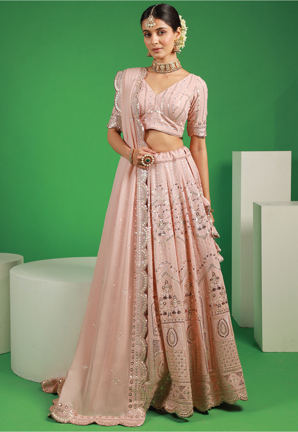 Buy Embroidered Georgette Scalloped Lehenga in Light Pink Online ...