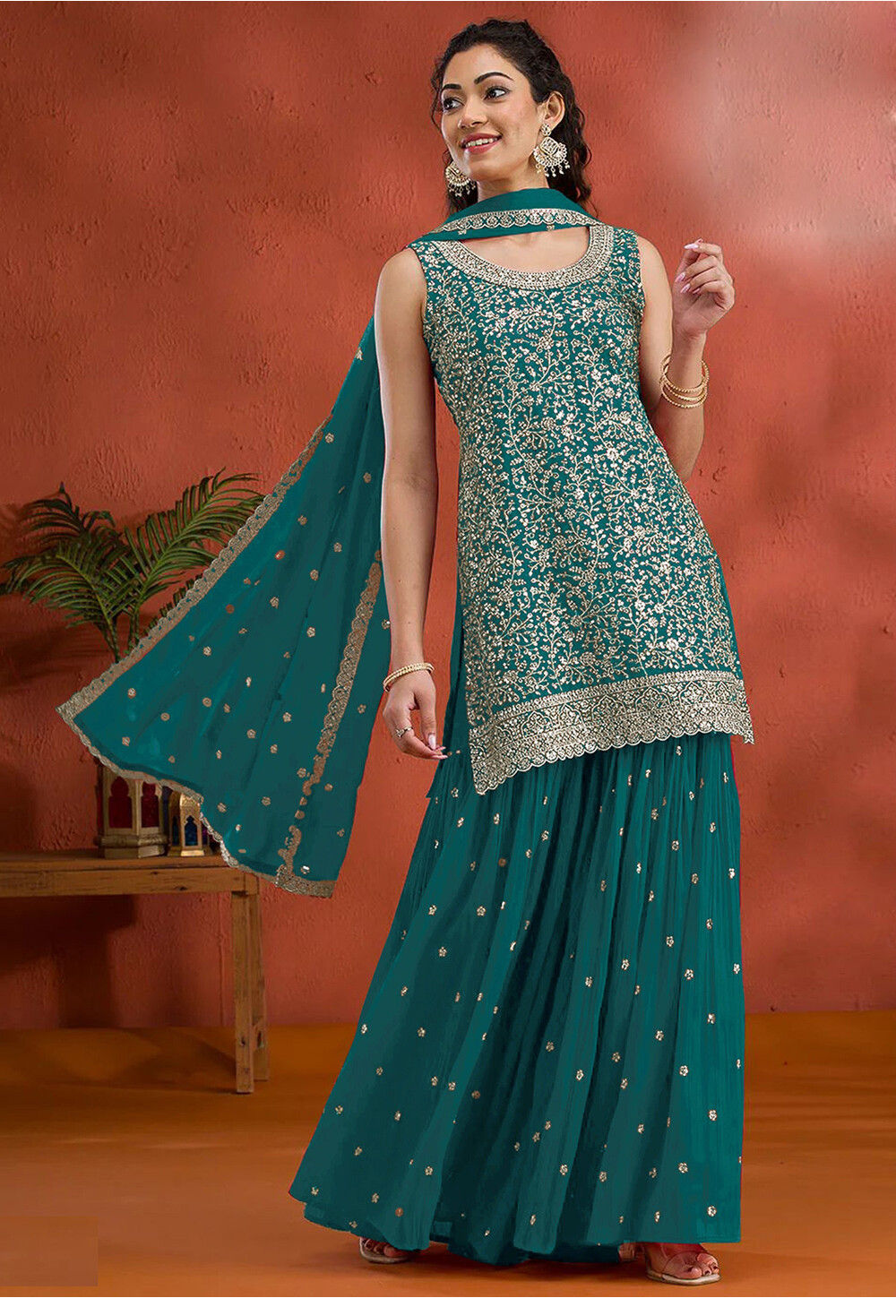 Buy Embroidered Georgette Scalloped Pakistani Suit in Teal Green Online ...