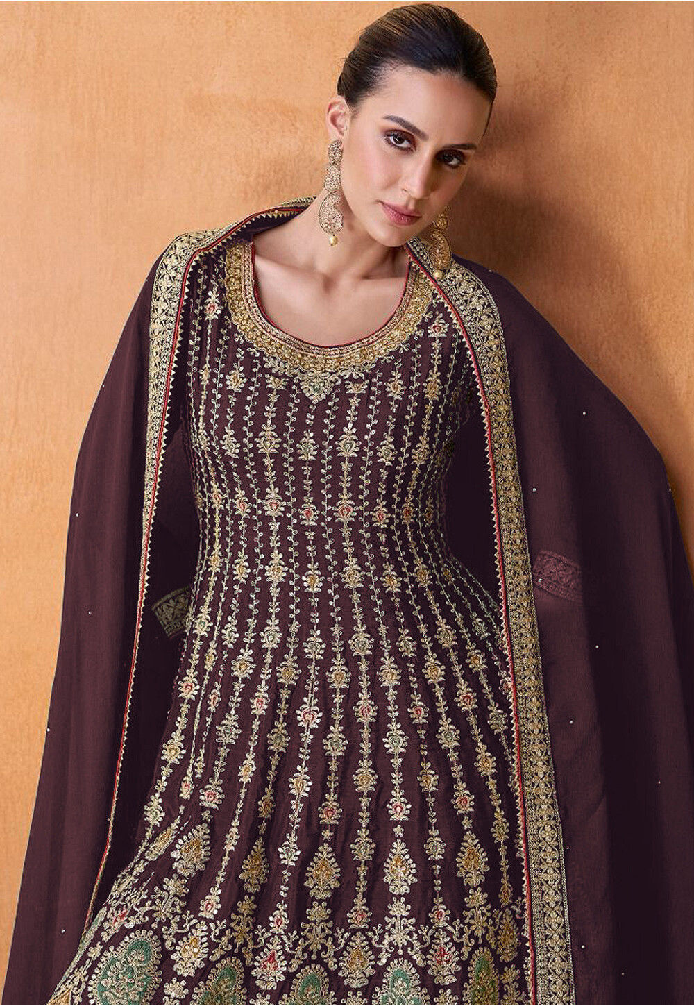 Buy Embroidered Georgette Scalloped Pakistani Suit in Wine Online ...