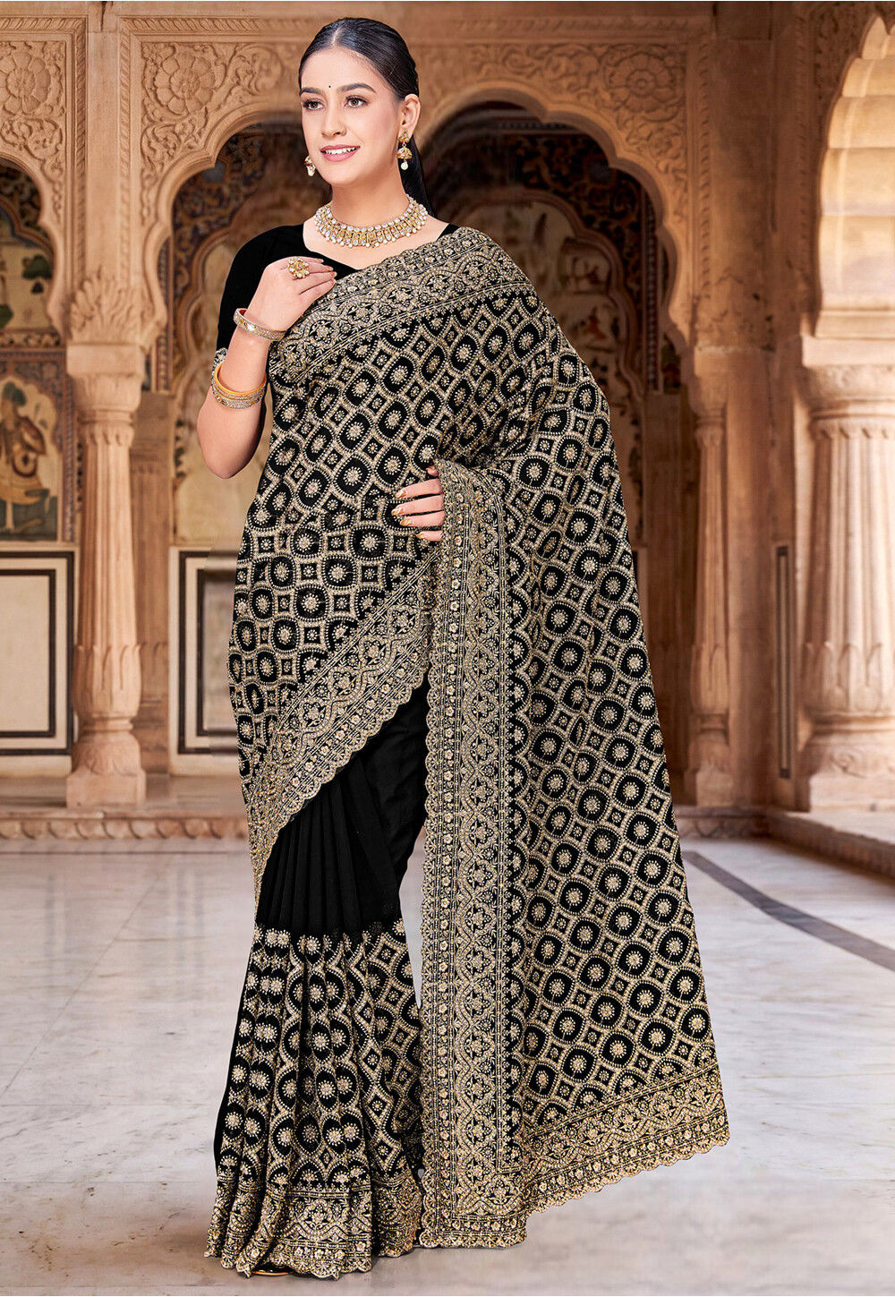 Buy Embroidered Georgette Scalloped Saree in Black Online : SCBA6464 ...