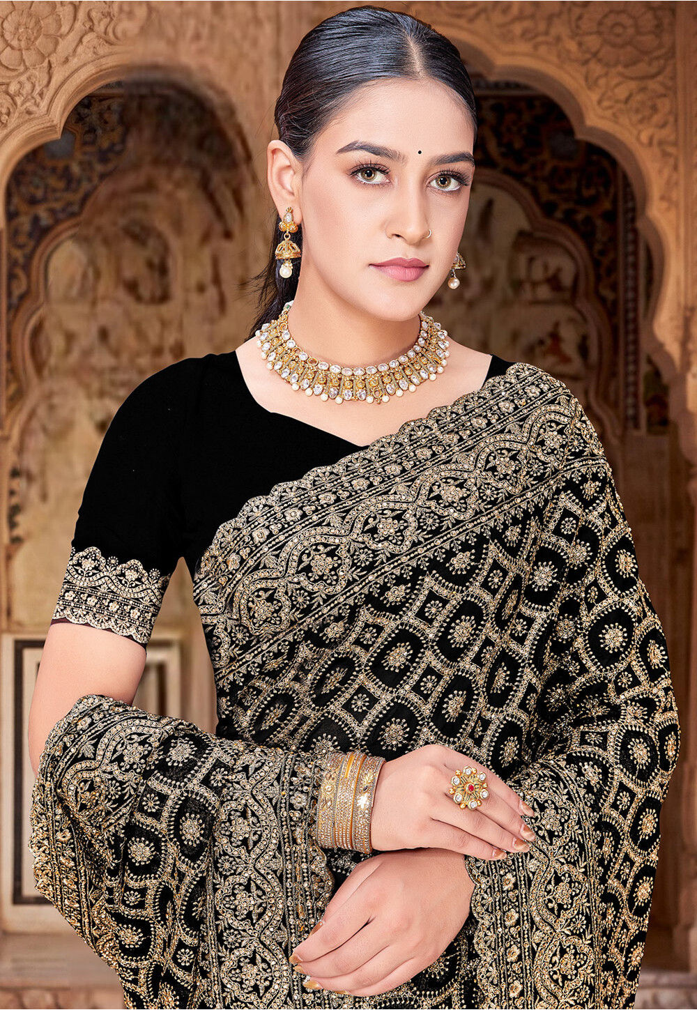 Buy Embroidered Georgette Scalloped Saree in Black Online : SCBA6464 ...