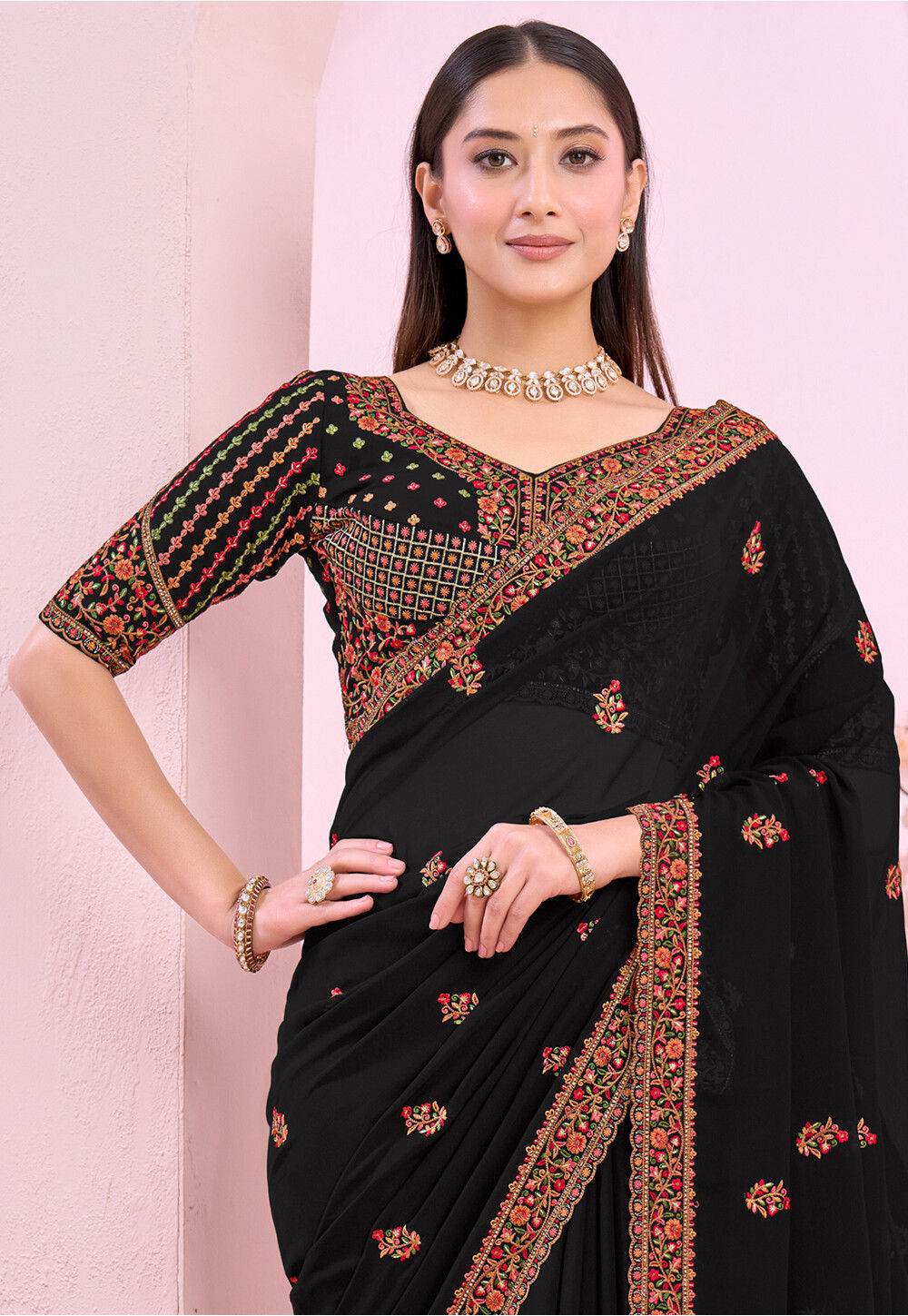 Buy Embroidered Georgette Scalloped Saree in Black Online : SSEA10548 ...