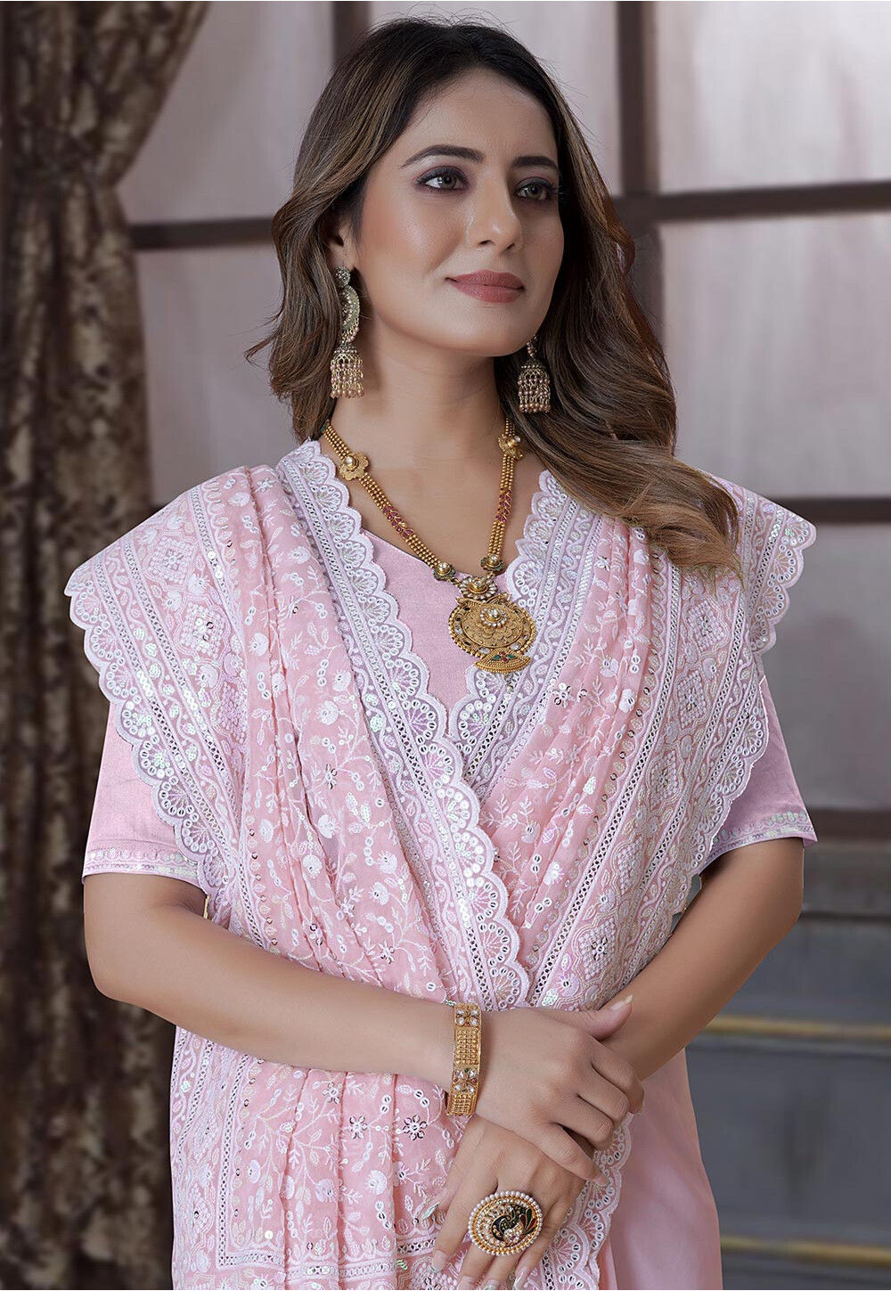 Buy Embroidered Georgette Scalloped Saree in Light Pink Online ...