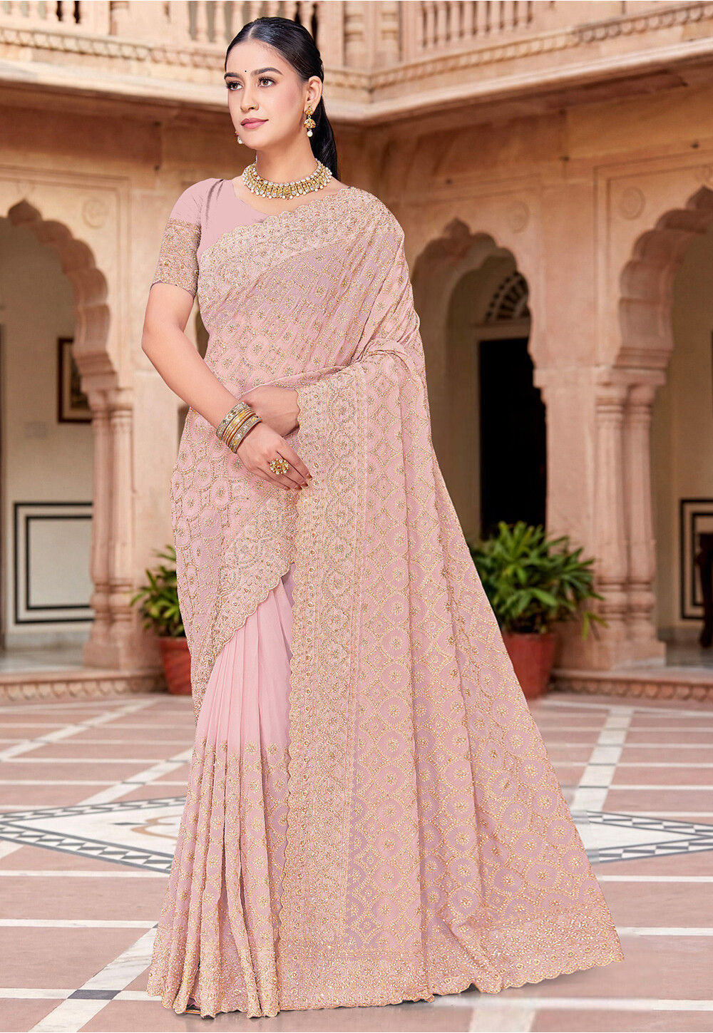 Buy Embroidered Georgette Scalloped Saree in Light Pink Online ...