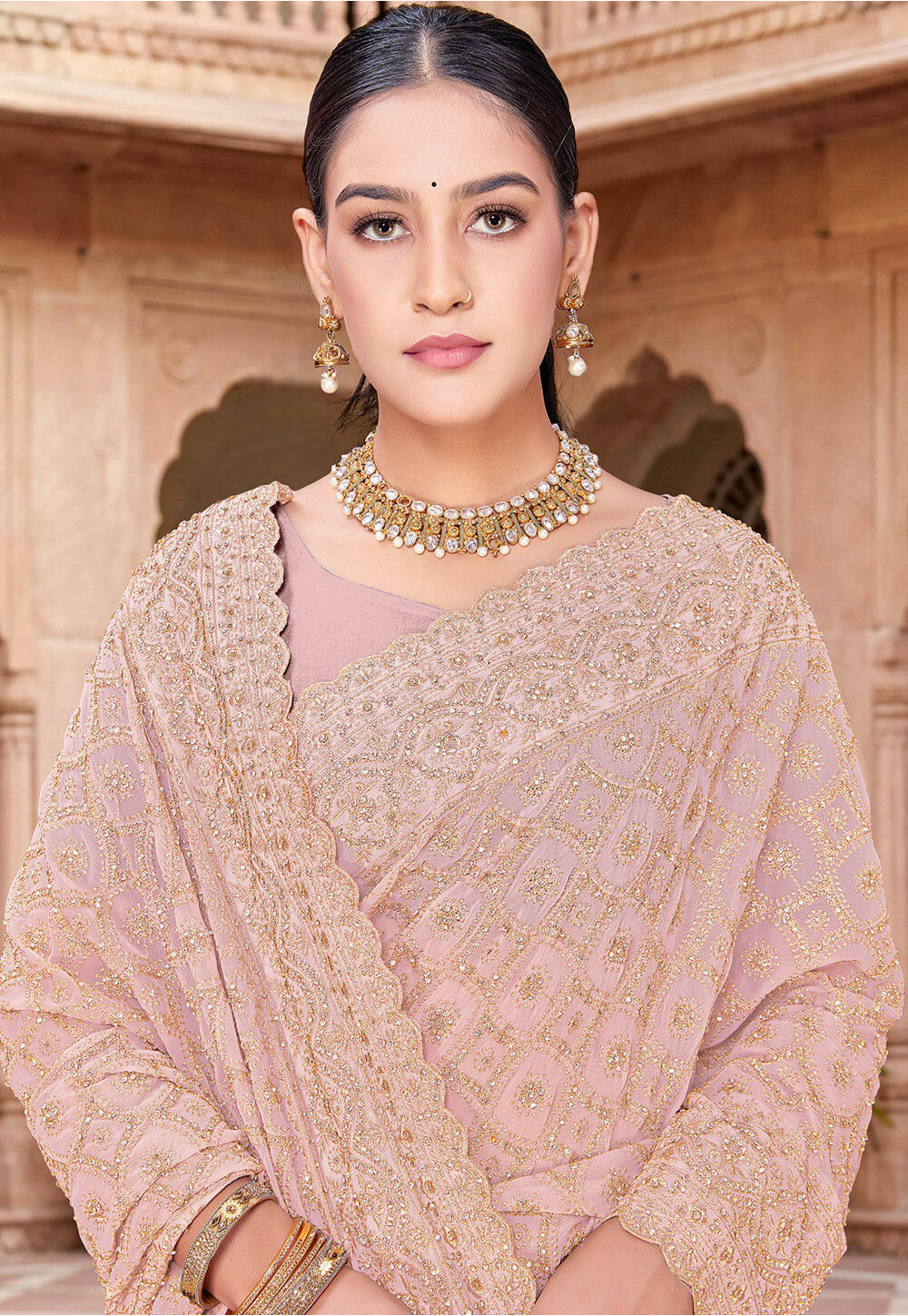 Buy Embroidered Georgette Scalloped Saree in Light Pink Online ...