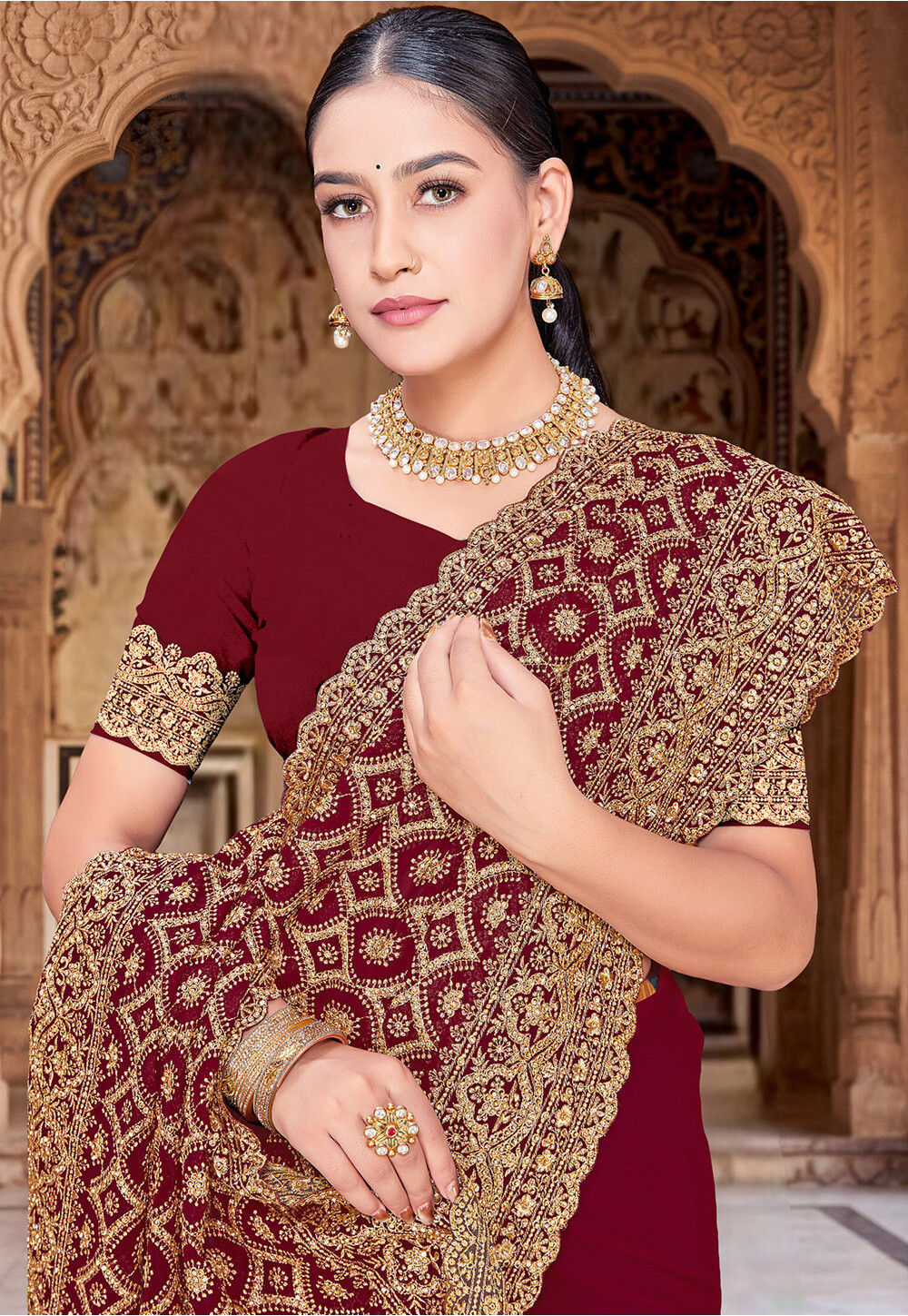 Buy Embroidered Georgette Scalloped Saree in Maroon Online : SCBA6465 ...