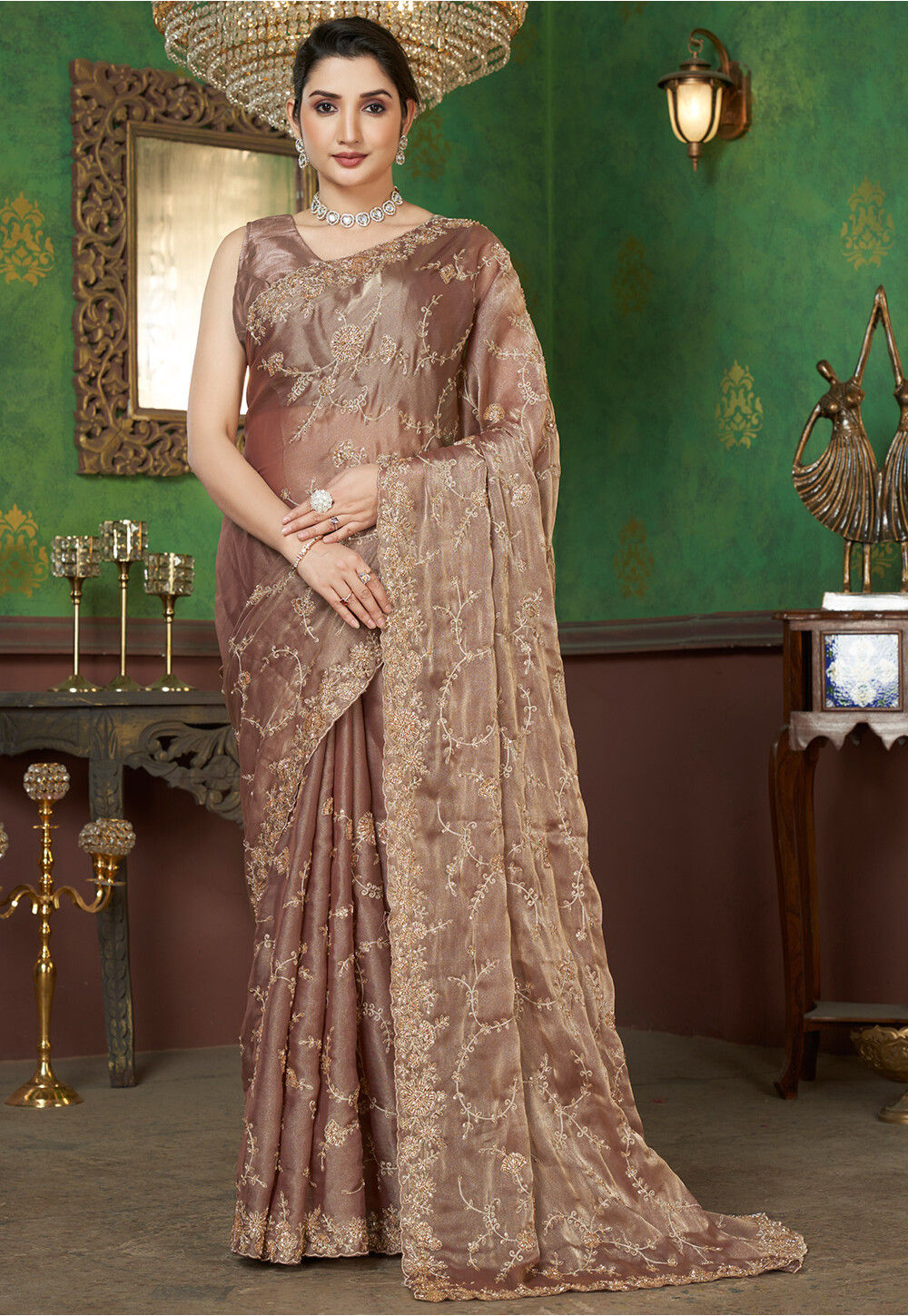 Buy Embroidered Georgette Scalloped Saree in Old Rose Online : SRHA188 ...