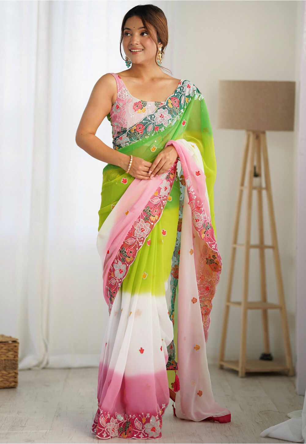 Buy Embroidered Georgette Scalloped Saree in Shaded Multicolor Online ...