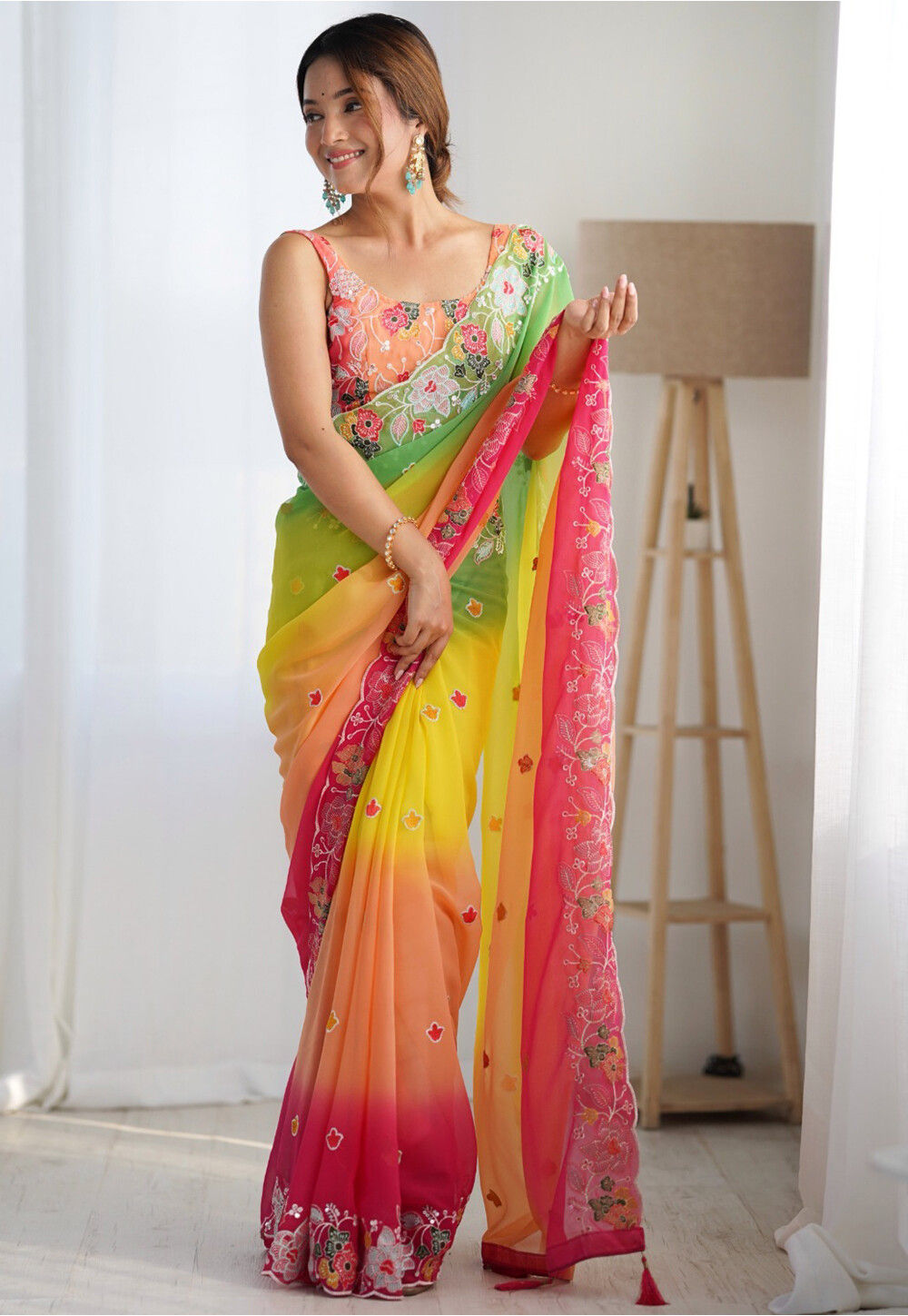 Buy Embroidered Georgette Scalloped Saree in Shaded Multicolor Online ...